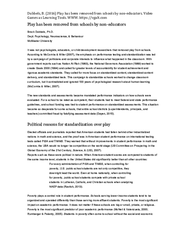 (PDF) The Politics of Removing Play from Classroom Instruction | Brock ...