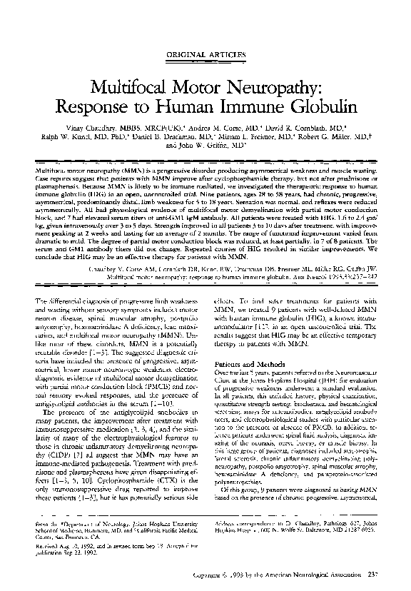 (PDF) Multifocal motor neuropathy: Response to human immune globulin