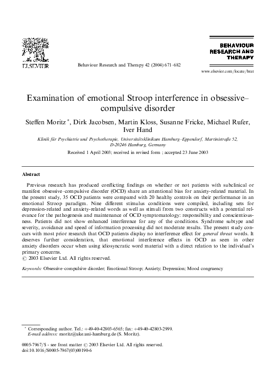 (PDF) Examination of emotional Stroop interference in obsessive ...