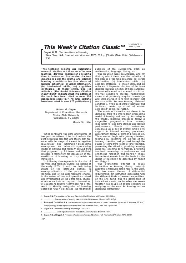 (PDF) Gagné R M. The conditions of learning. New York: Holt, Rinehart ...