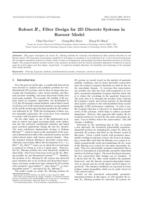 Pdf Robust H∞ Filter Design For 2d Discrete Systems In Roesser Model