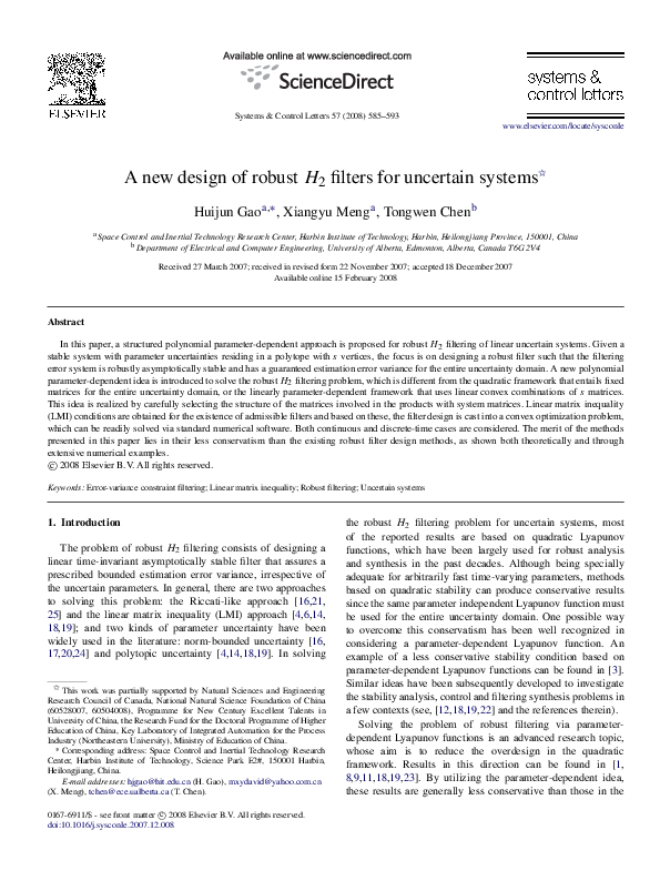 (PDF) A new design of robust H2 filters for uncertain systems