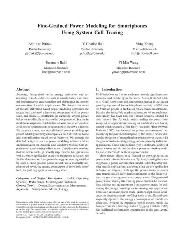 (PDF) Fine-grained power modeling for smartphones using system call tracing