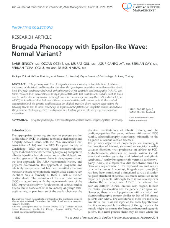 (PDF) Brugada Phenocopy with Epsilon-like Wave: Normal Variant? | Özcan ...
