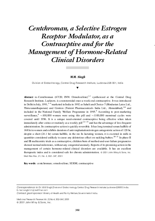 (PDF) Centchroman, a selective estrogen receptor modulator, as a ...