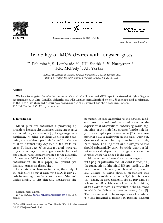 (PDF) Reliability of MOS devices with tungsten gates