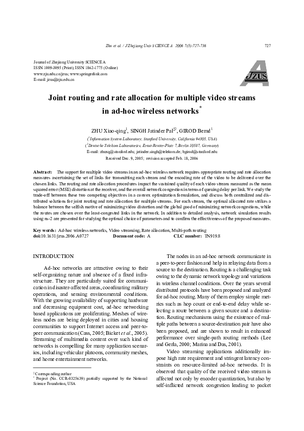 Pdf Joint Routing And Rate Allocation For Multiple Video Streams In Ad Hoc Wireless Networks