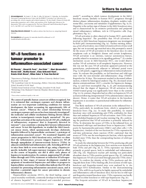 (PDF) NF-kappaB functions as a tumour promoter in inflammation-associated cancer | Rinnat Porat ...