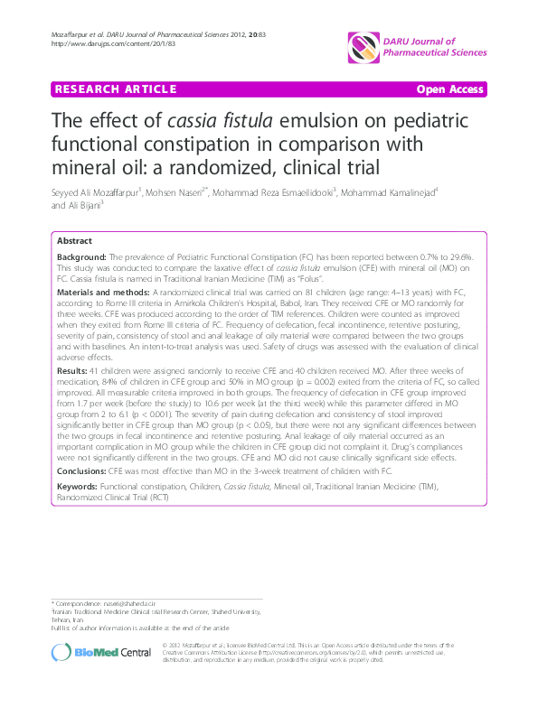 (PDF) The effect of cassia fistula emulsion on pediatric functional constipation in comparison ...