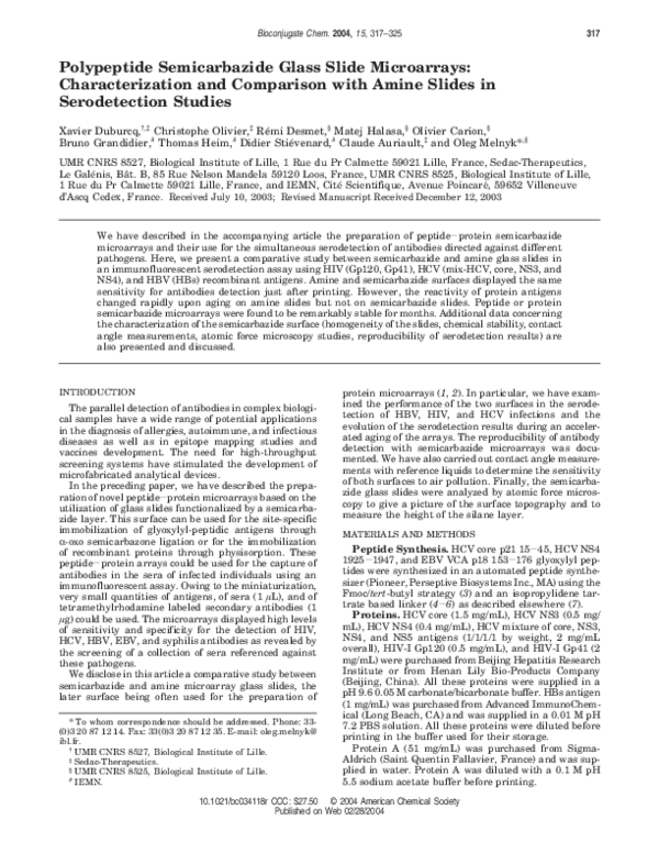(PDF) Polypeptide Semicarbazide Glass Slide Microarrays: Characterization and Comparison with ...