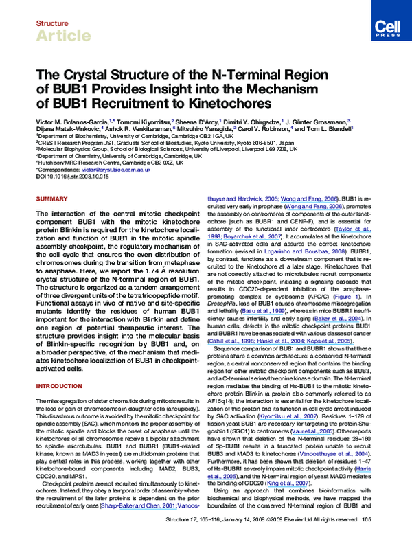 (PDF) The Crystal Structure of the N-Terminal Region of BUB1 Provides ...