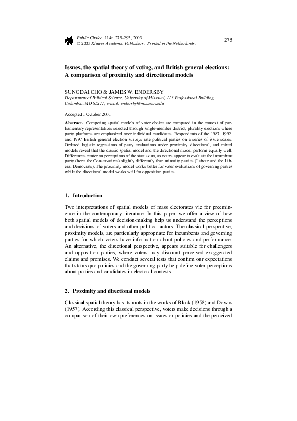 (PDF) Issues, the Spatial Theory of Voting, and British General ...