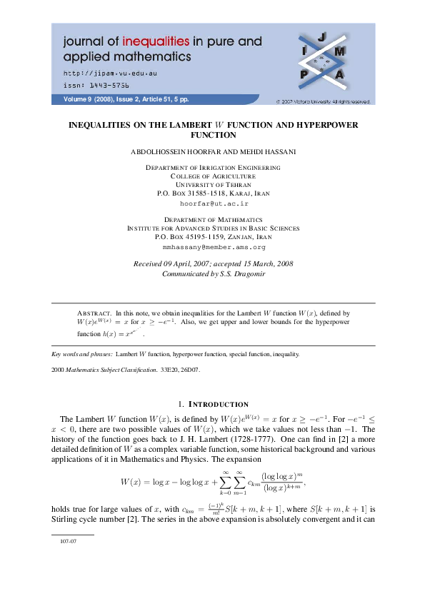 (PDF) Inequalities on the Lambert W function and hyperpower function
