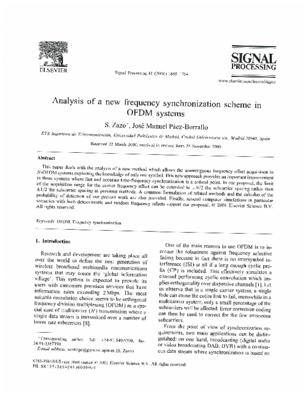 (PDF) Analysis of a new frequency synchronization scheme in OFDM systems