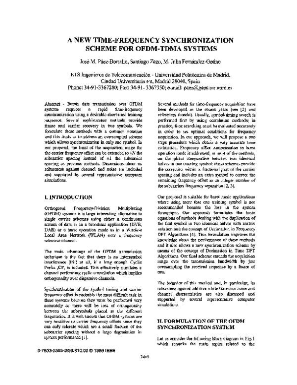 Pdf A New Time Frequency Synchronization Scheme For Ofdm Tdma Systems