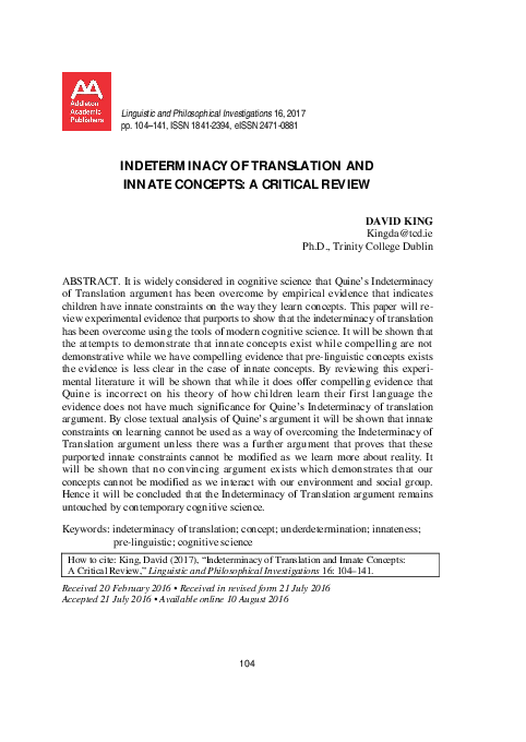 (PDF) INDETERMINACY OF TRANSLATION AND INNATE CONCEPTS: A CRITICAL REVIEW
