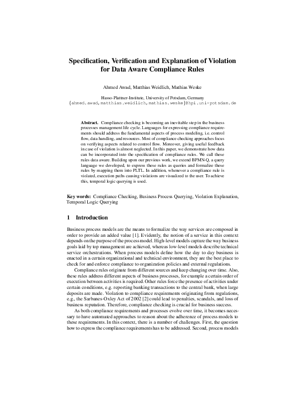 Pdf Specification Verification And Explanation Of Violation For Data Aware Compliance Rules