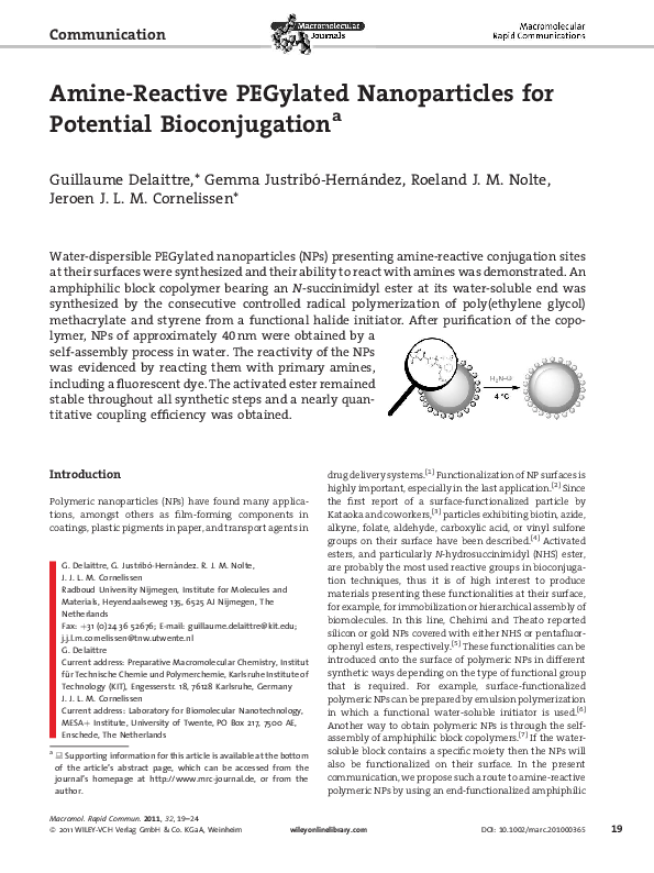 (PDF) Amine-reactive pegylated nanoparticles for potential bioconjugation