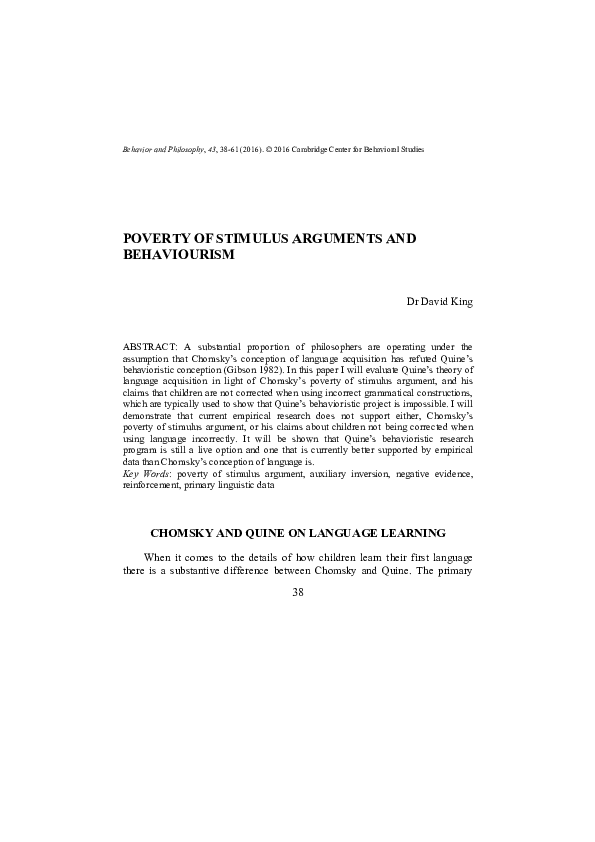 (PDF) POVERTY OF STIMULUS ARGUMENTS AND BEHAVIOURISM CHOMSKY AND QUINE ON LANGUAGE LEARNING