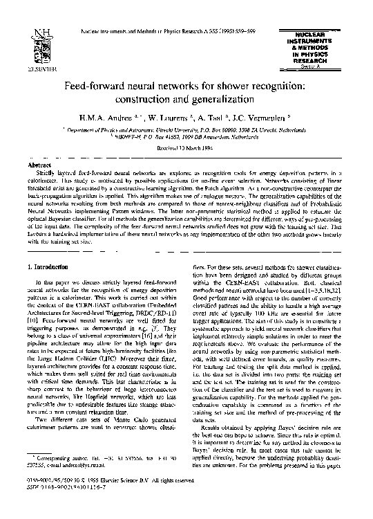 (PDF) Feed-forward neural networks for shower recognition: construction and generalization
