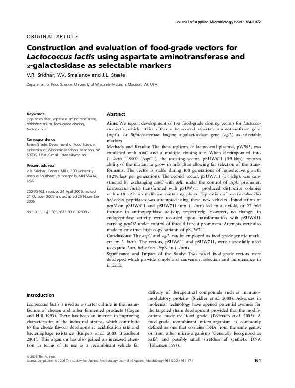 (PDF) Construction and evaluation of food-grade vectors for Lactococcus lactis using aspartate ...