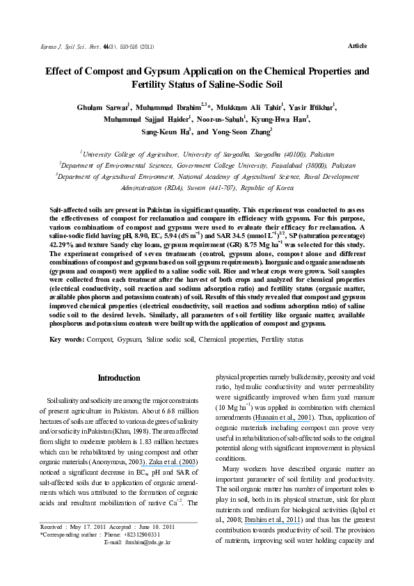 (PDF) Effect of Compost and Gypsum Application on the Chemical Properties and Fertility Status ...
