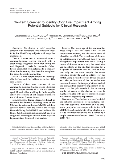 (PDF) Six-Item Screener to Identify Cognitive Impairment Among ...