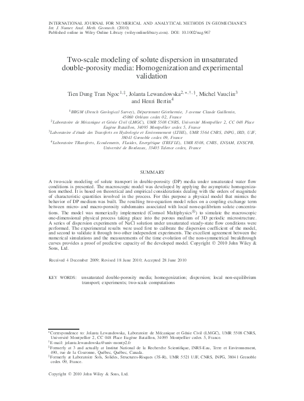 Pdf Two Scale Modeling Of Solute Dispersion In Unsaturated Double