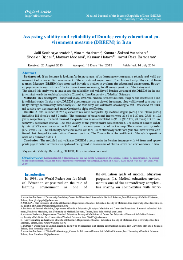 (PDF) Assessing validity and reliability of Dundee ready educational ...