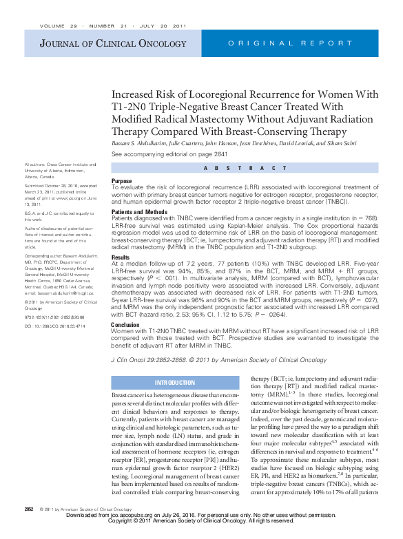 Pdf Increased Risk Of Locoregional Recurrence For Women With T1 2n0