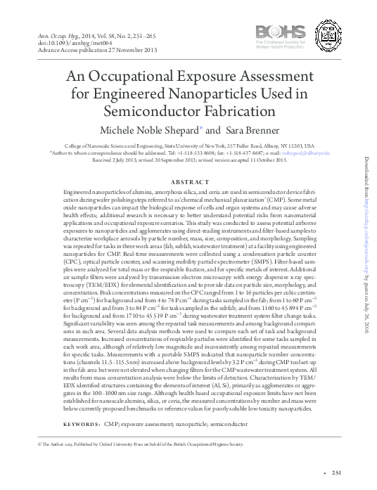 (PDF) An occupational exposure assessment for engineered nanoparticles ...