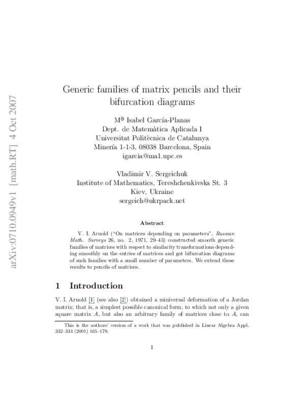 (PDF) Generic families of matrix pencils and their bifurcation diagrams