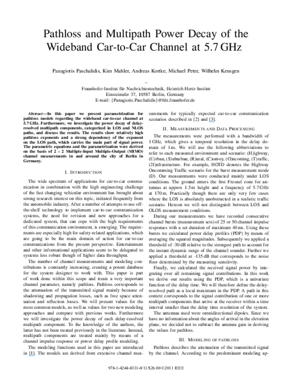 (PDF) Pathloss and Multipath Power Decay of the Wideband Car-to-Car ...