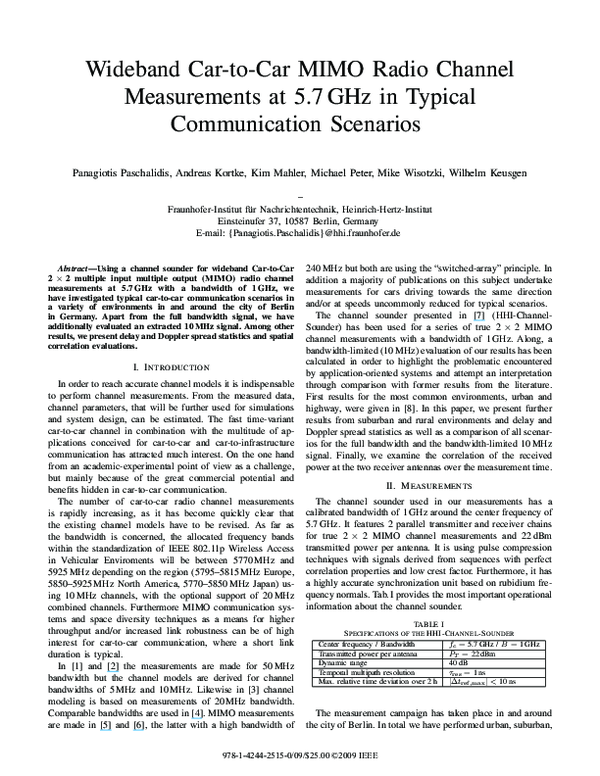 (PDF) Car-to-Car MIMO Radio Channel Measurements at 5.7 GHz in Typical ...