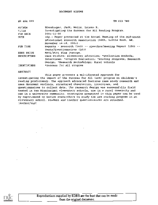 (PDF) Investigating the Success for All Reading Program