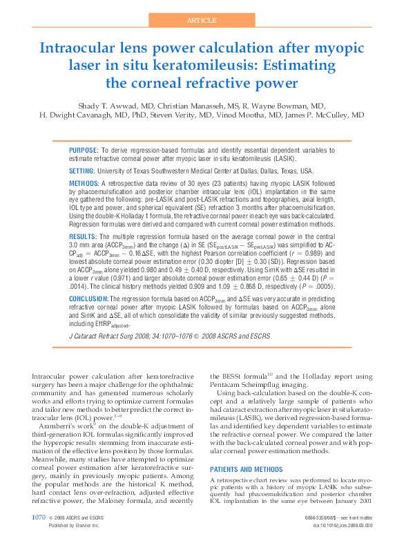(PDF) Intraocular lens power calculation after myopic laser in situ keratomileusis: Estimating ...