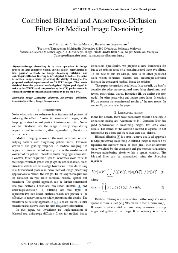 (PDF) Combined bilateral and anisotropic-diffusion filters for medical image de-noising