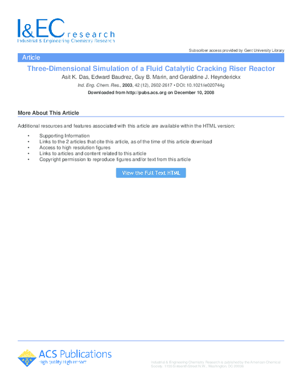 (PDF) Three-Dimensional Simulation of a Fluid Catalytic Cracking Riser ...