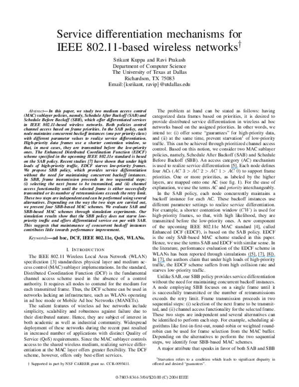 (PDF) Service differentiation mechanisms for IEEE 802.11-based wireless networks