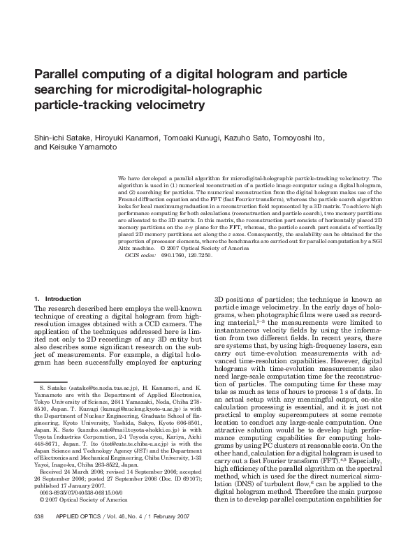 (PDF) Parallel computing of a digital hologram and particle searching ...