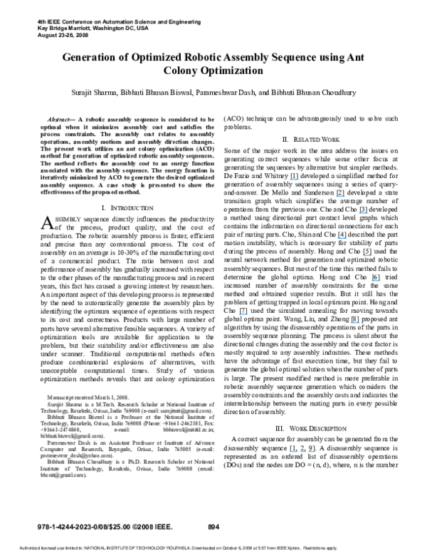 (PDF) Generation of robotic assembly sequence using ant colony optimization