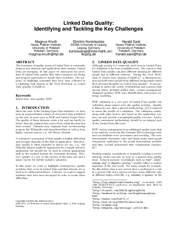 (PDF) Linked Data Quality: Identifying and Tackling the Key Challenges