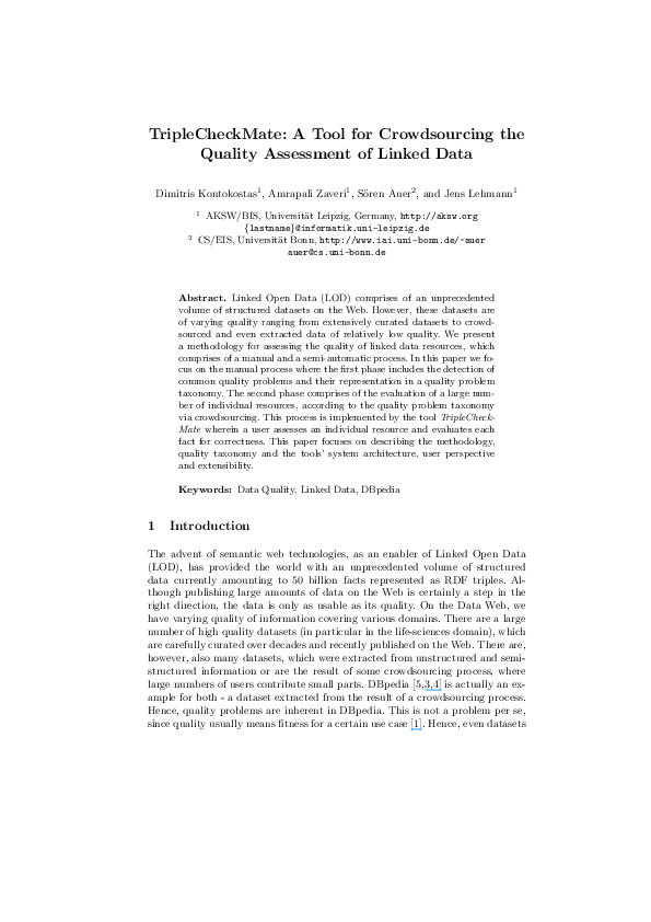 (PDF) TripleCheckMate: A Tool for Crowdsourcing the Quality Assessment of Linked Data