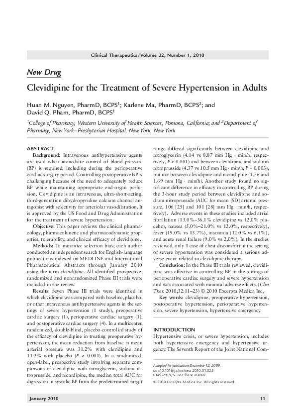 (PDF) Clevidipine for the treatment of severe hypertension in adults