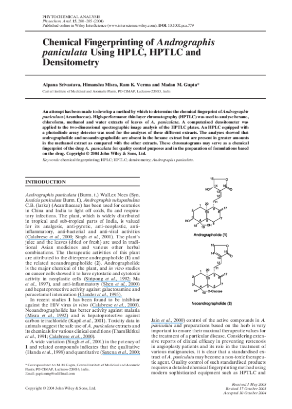 (PDF) Chemical fingerprinting ofAndrographis paniculata using HPLC, HPTLC and densitometry