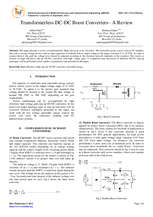 (PDF) Transformerless DC-DC Boost Converters– A Review
