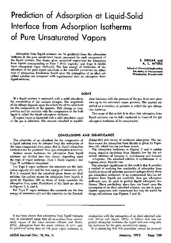 (PDF) Prediction of adsorption at liquid-solid interface from adsorption isotherms of pure ...