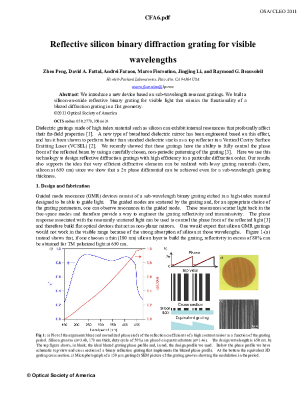Pdf Reflective Silicon Binary Diffraction Grating For Visible Wavelengths