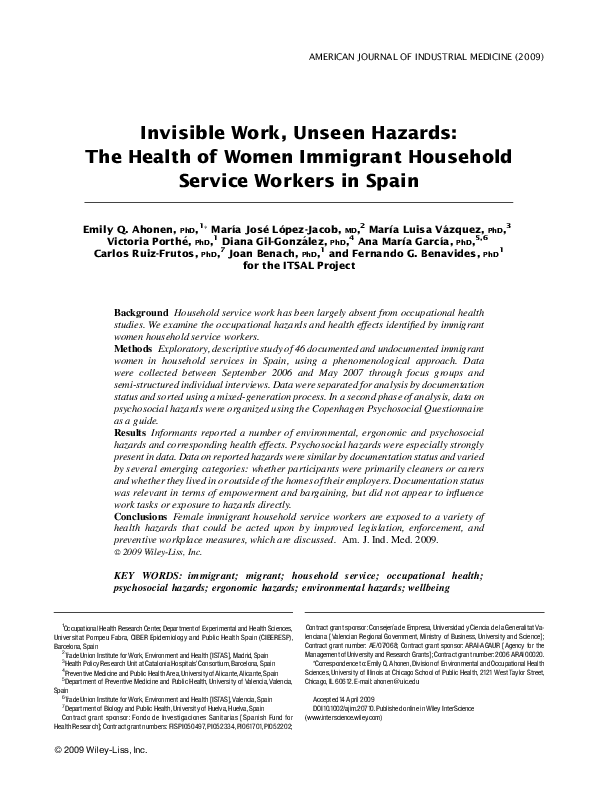 (PDF) Invisible work, unseen hazards: The health of women immigrant ...