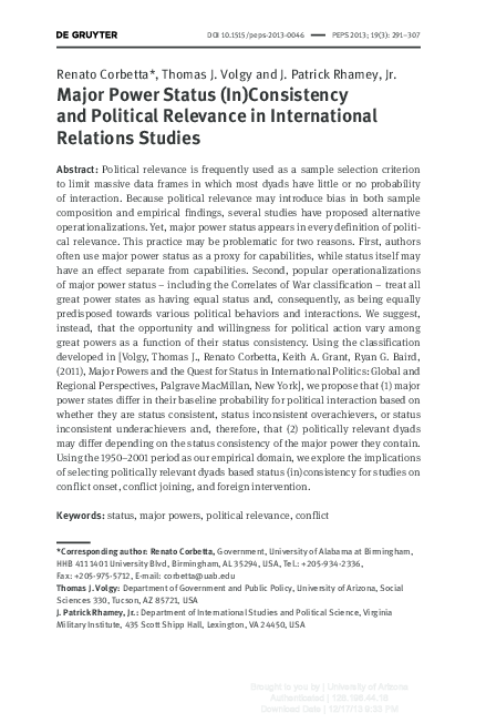 (PDF) Major Power Status (In)Consistency and Political Relevance in ...